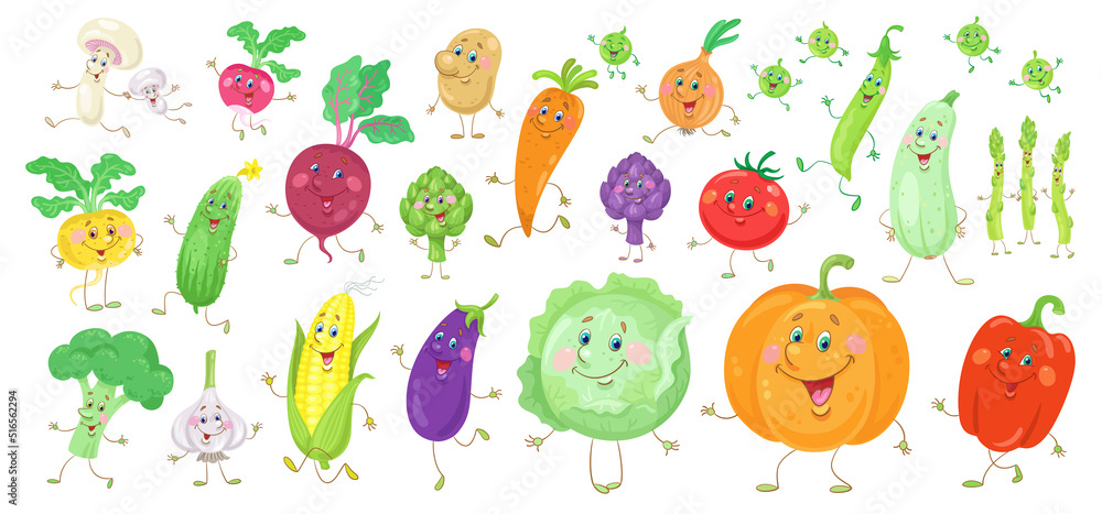 Big set of funny colorful vegetables. Characters in cartoon style ...