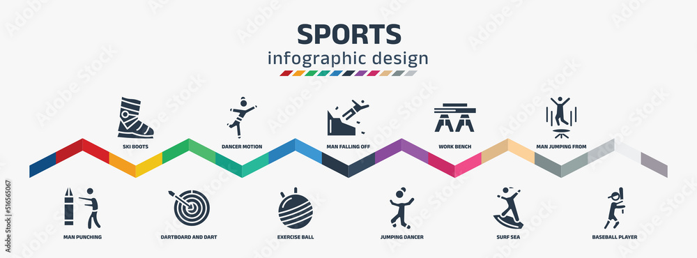 sports infographic design template with ski boots, man punching, dancer ...