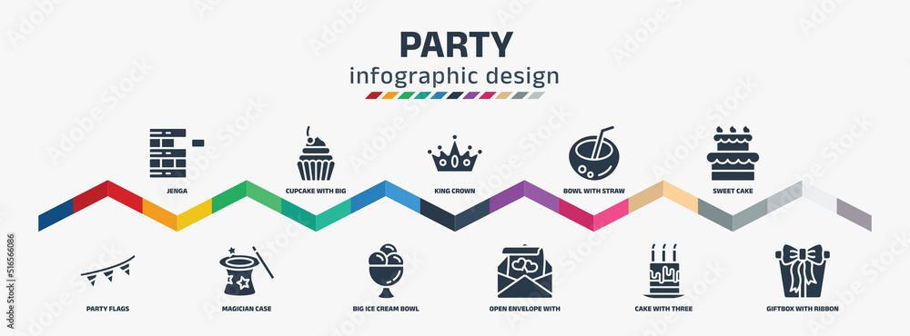 party infographic design template with jenga, party flags, cupcake with ...
