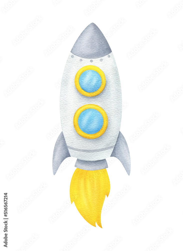 Rocket. Watercolor illustration of a spaceship in a children's style ...