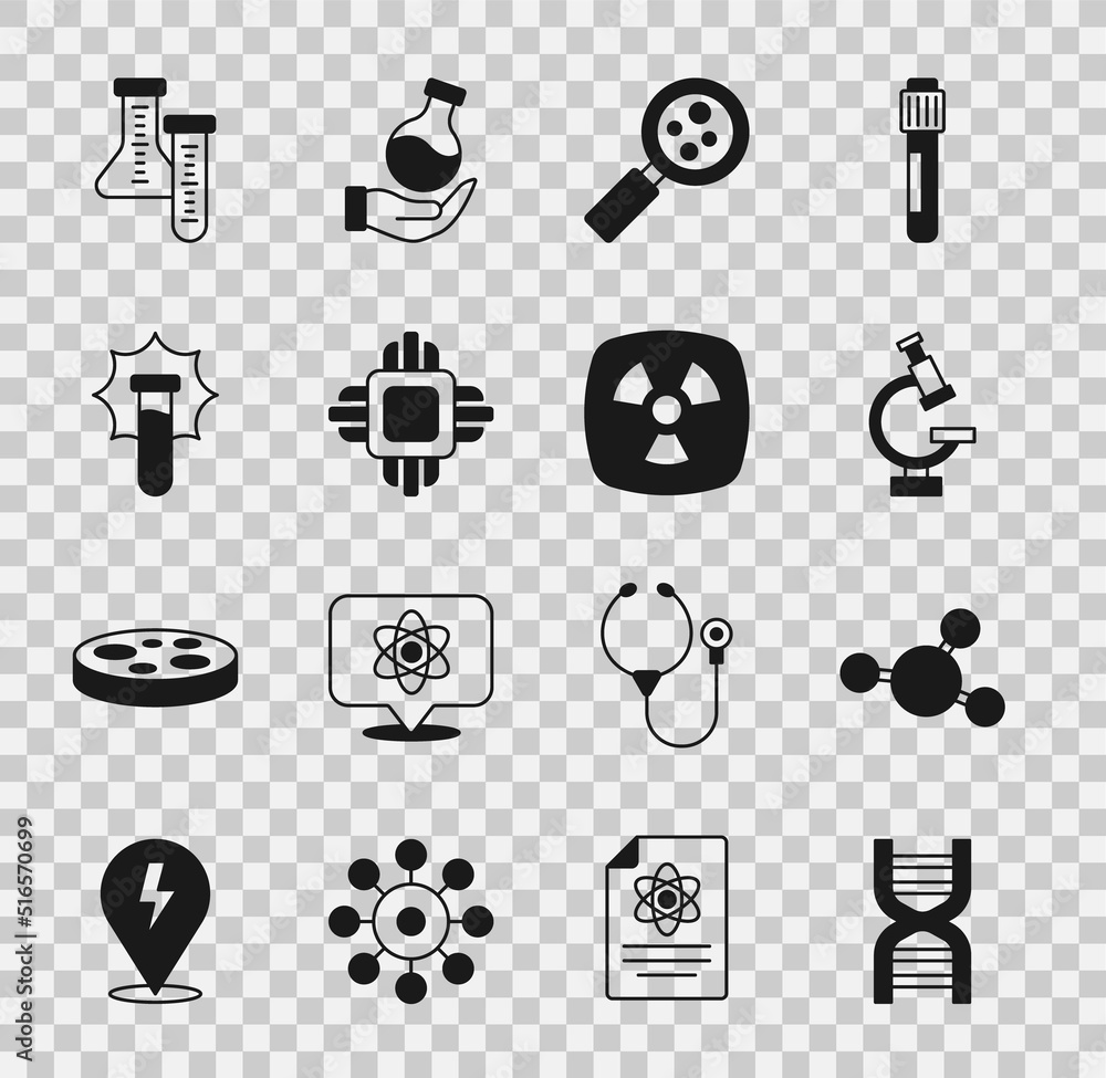 Set DNA symbol, Molecule, Microscope, Microorganisms under magnifier ...