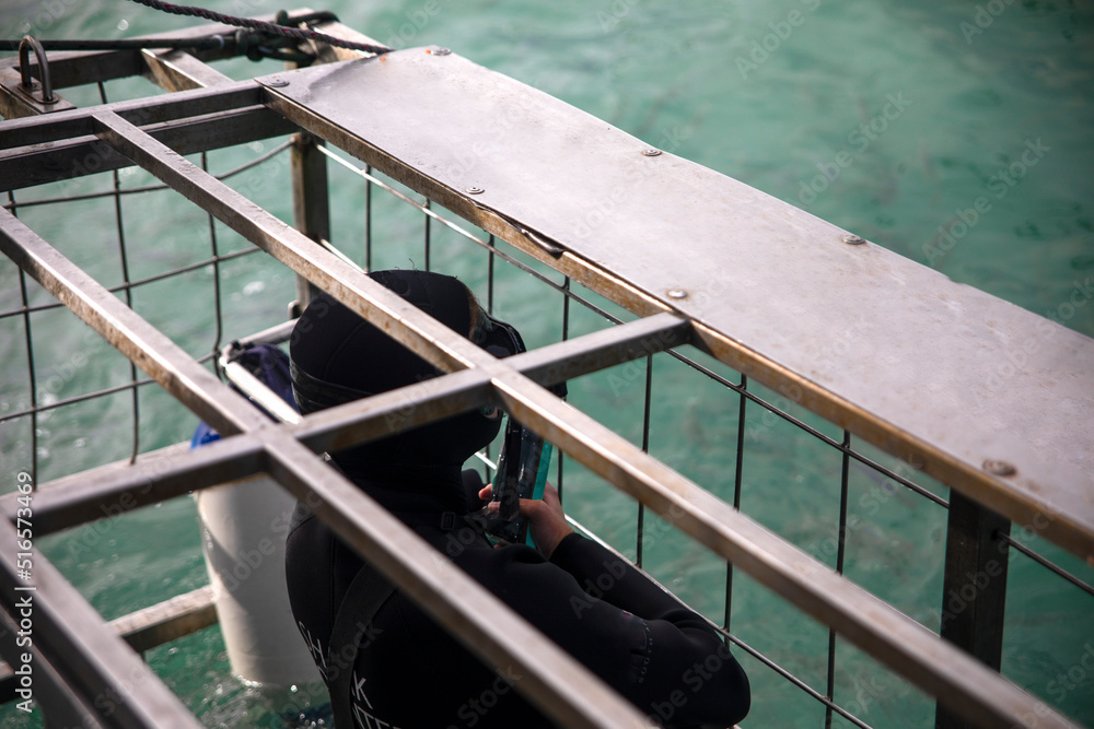 Tourist inside a shark protection cage, with a mobile phone taking ...