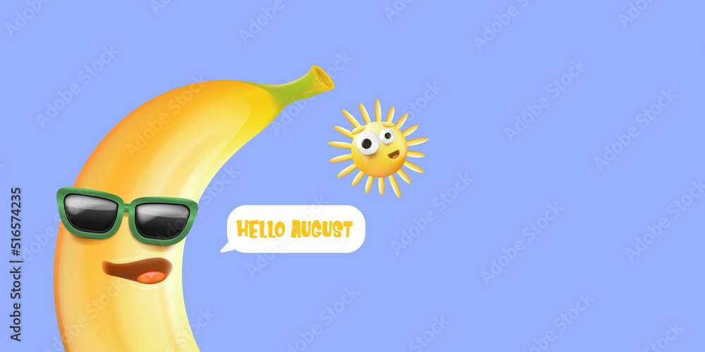 hello August horizontal banner with cartoon sun and funky banana ...