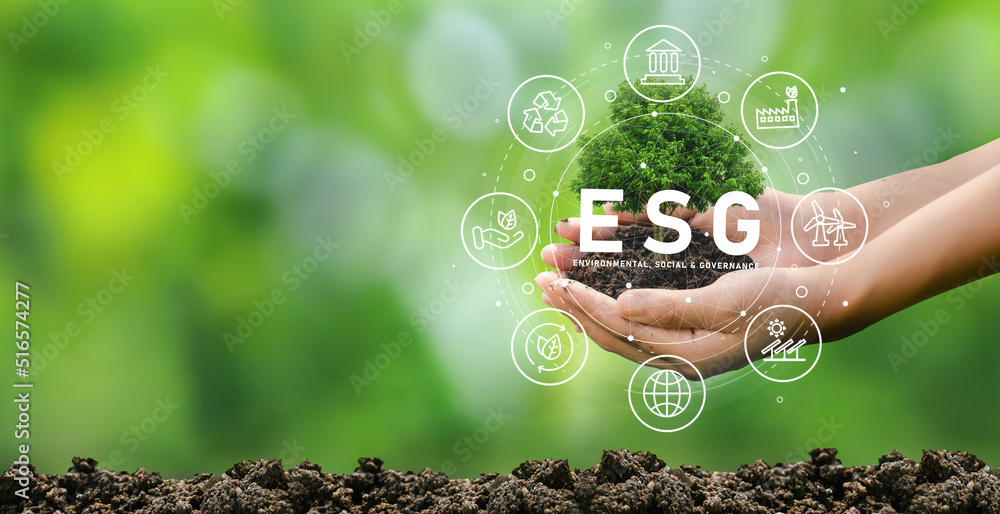 Hand planting trees with hands ESG icon concept for environmental ...
