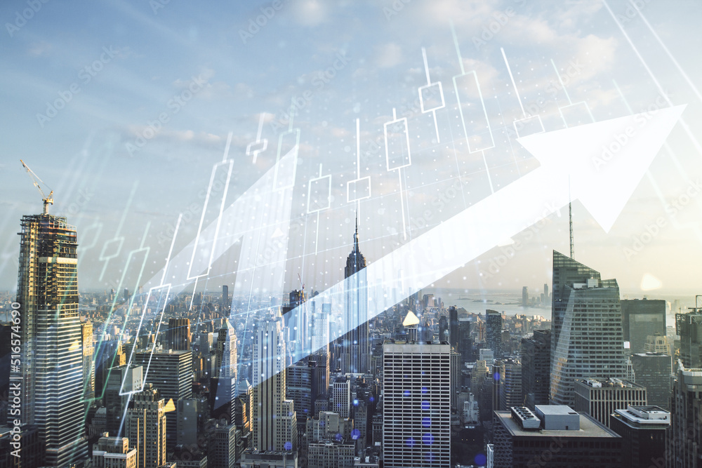 Abstract creative financial diagram and upward arrow hologram on New ...