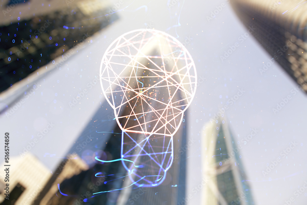 Virtual Idea concept with light bulb illustration on office buildings ...