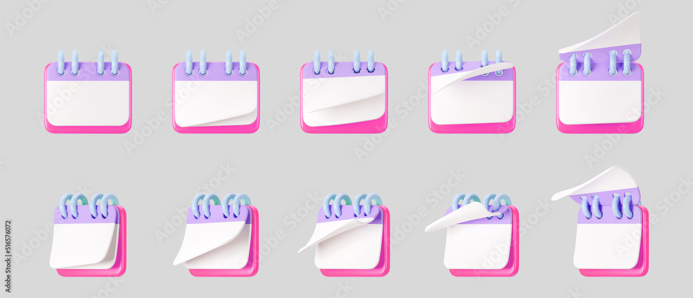 3d pink calendar icons with flipping pages and rings isolated on gray ...