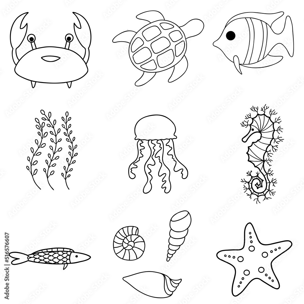 Sea or ocean fish, underwater aquatic animal. Vector outline ...