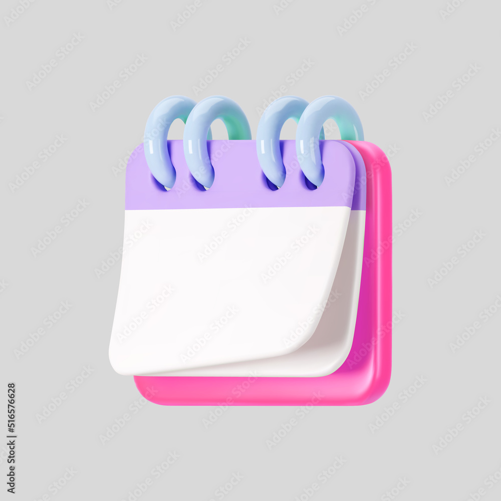 3d pink calendar icon with flipping pages and rings isolated on gray ...
