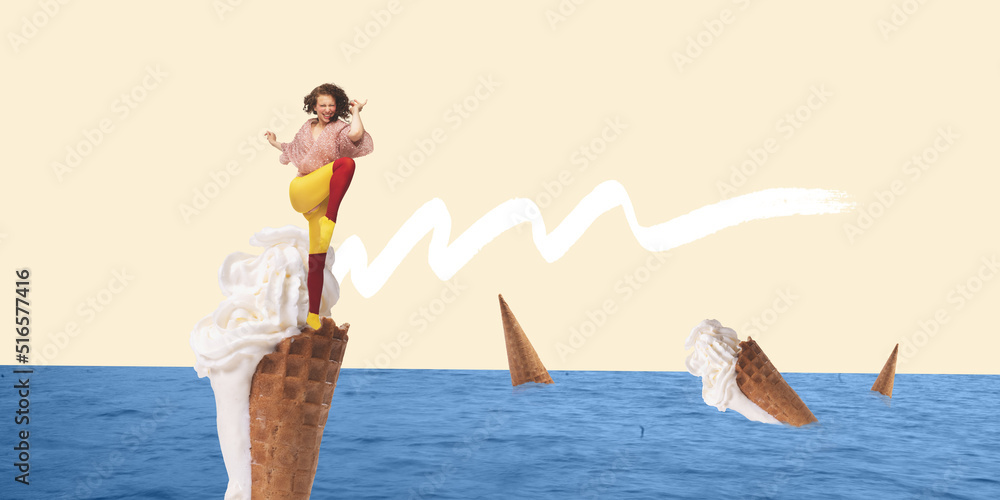 Excited girl dancing on huge ice cream cone in ocean. Contemporary art ...