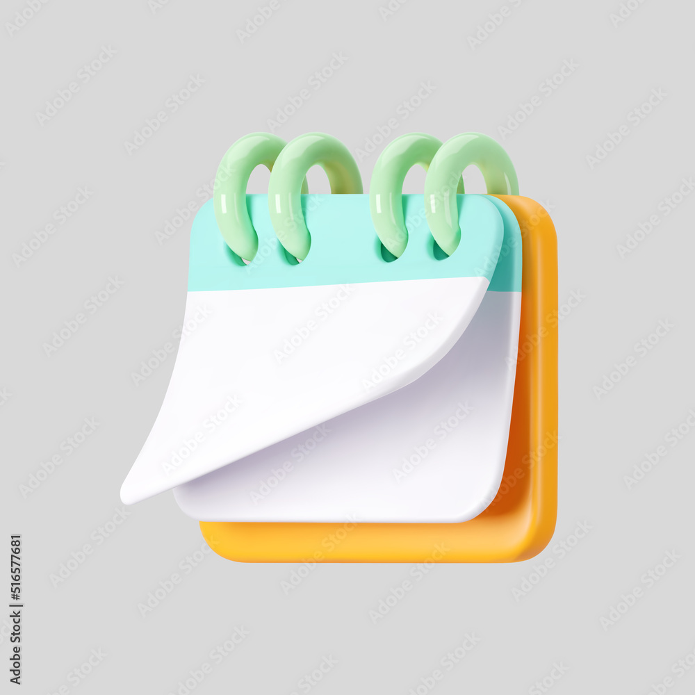 3d calendar icon with flipping paper pages and rings isolated on gray ...