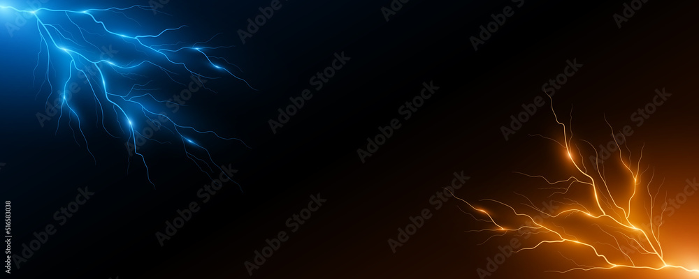 Realistic blue and yellow lightning effect on black background ...
