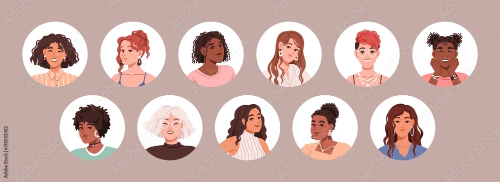 Curly girls characters avatars set. Young women face portraits in ...