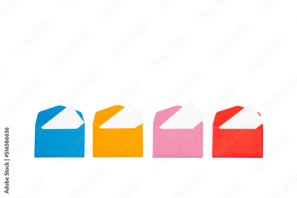 Poster Sobres de colores sobre un fondo blanco liso y aislado – Wall ...