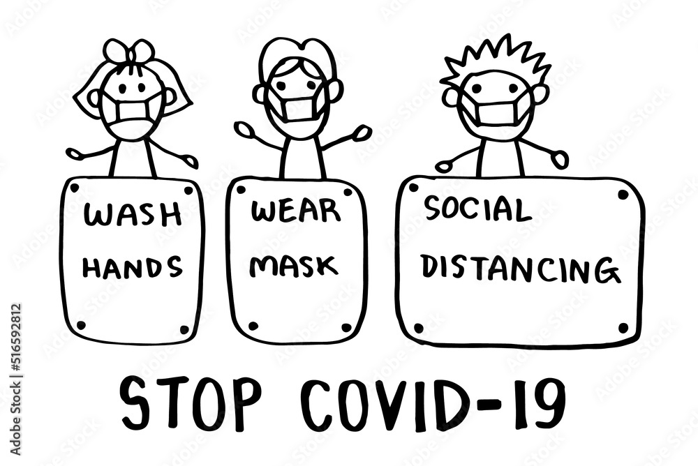 Stop covid 19 kids face cartoon doodle hand draw , black line on white ...