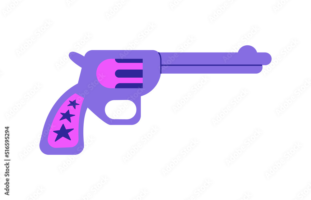 Vector flat illustration of purple gun revolver on isolated background ...