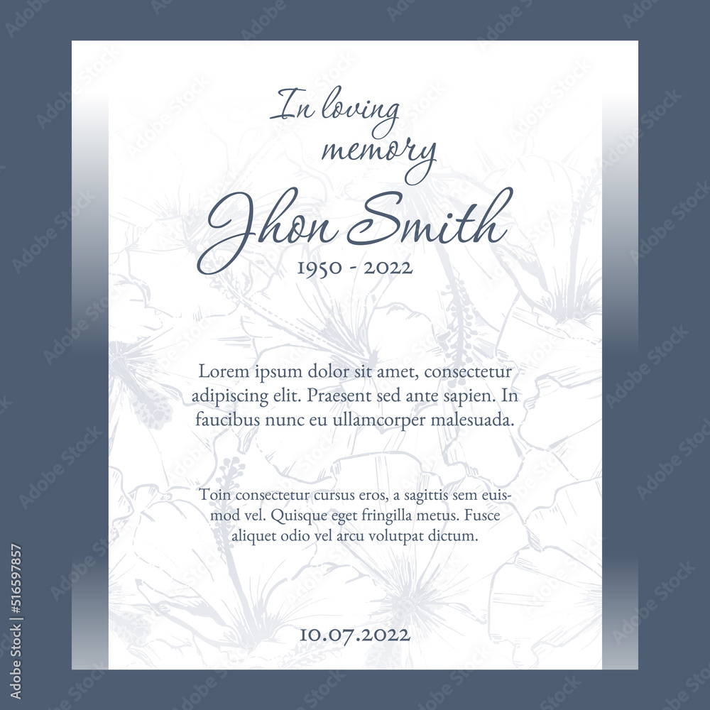 funeral card template with blue floral background illustration Stock ...