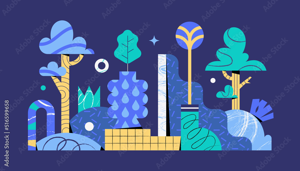 Blue, abstract and geometric landscape, with trees, plants, ceramics ...