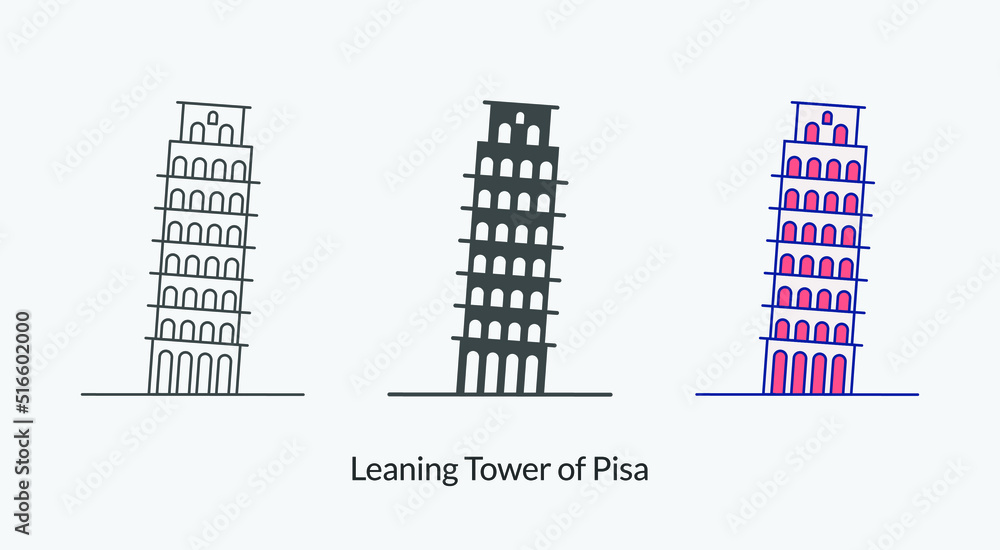 Leaning Tower of Pisa in Italy icon in different style vector ...