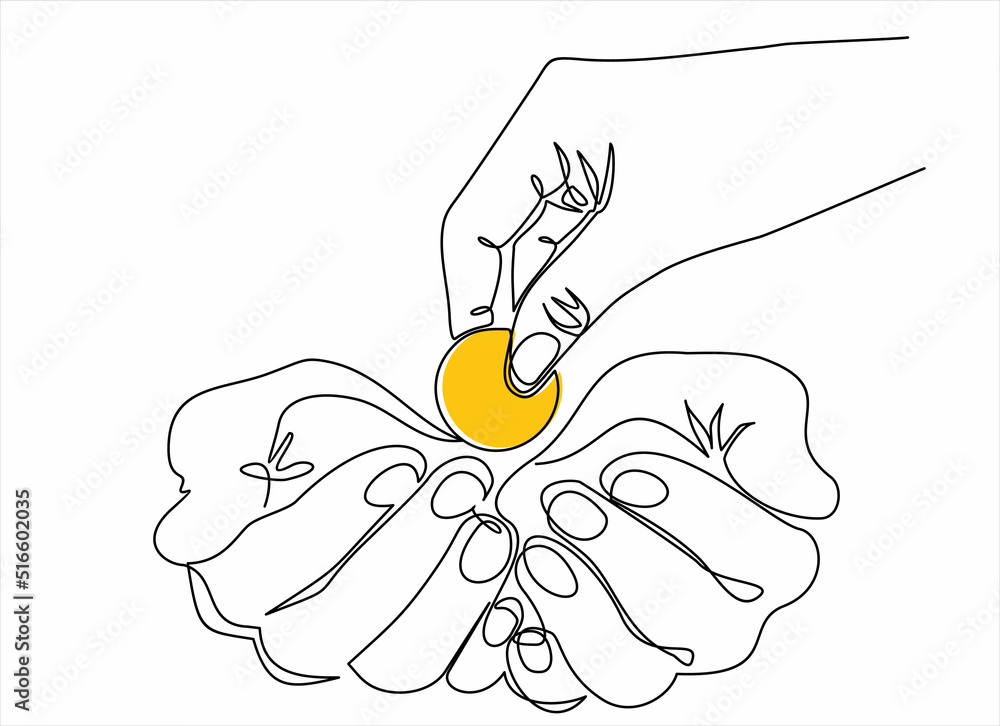 Continuous line drawing of hand giving money coin to give charity ...