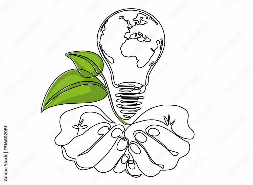 Earth globe inside lightbulb with growing sprout in hands. One ...