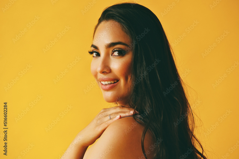 headshot beauty shot of hispanic Latina woman smiling young adult with ...