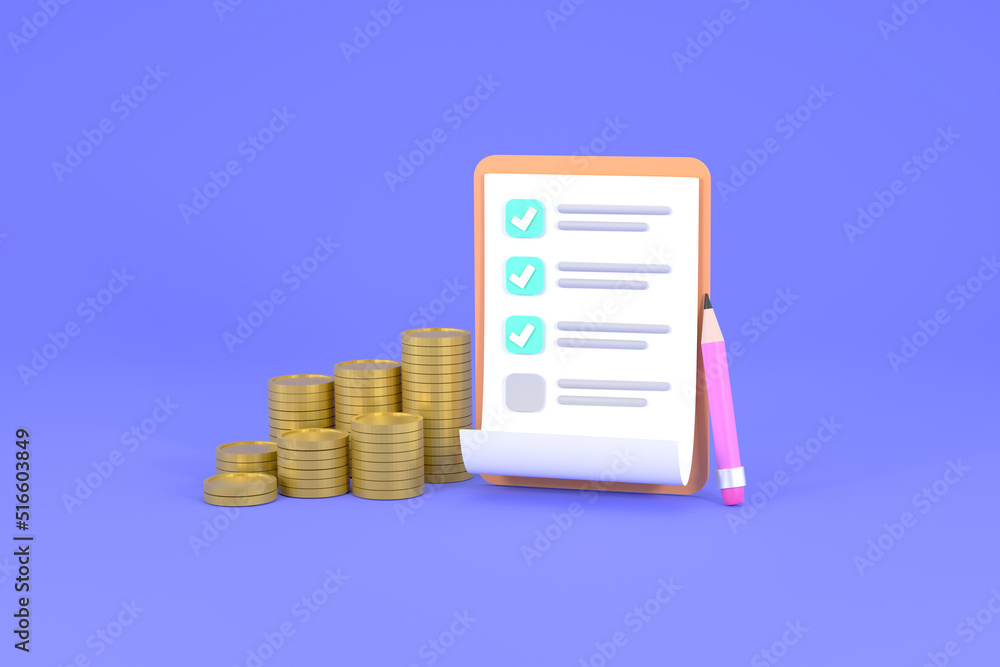 check list with clipboard, check mark, pile money coins isolated. Stock ...