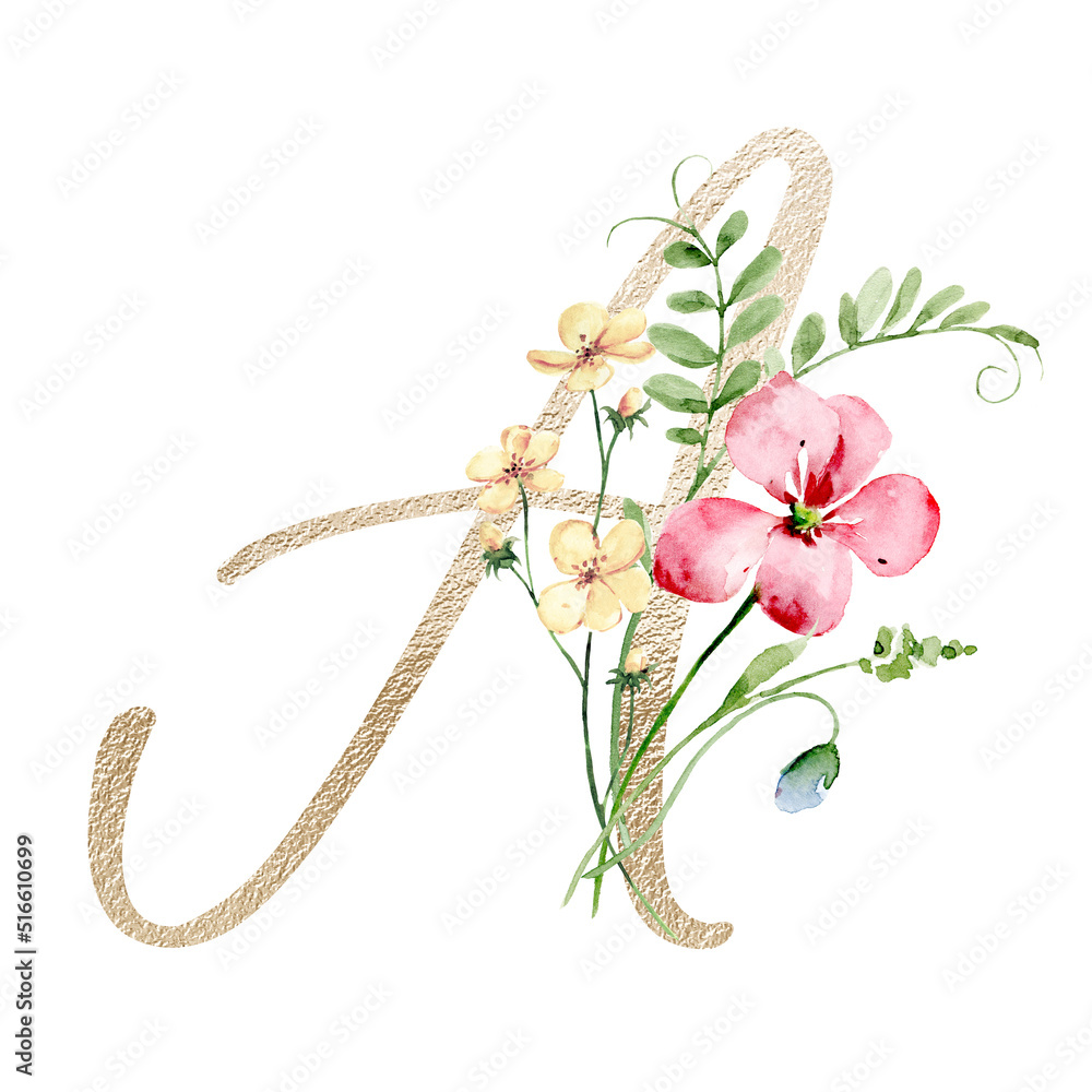 Floral alphabet, letter A with watercolor flowers and leaf. Monogram ...