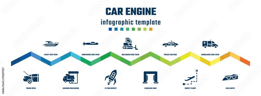 car engine concept infographic design template. included yacht side ...
