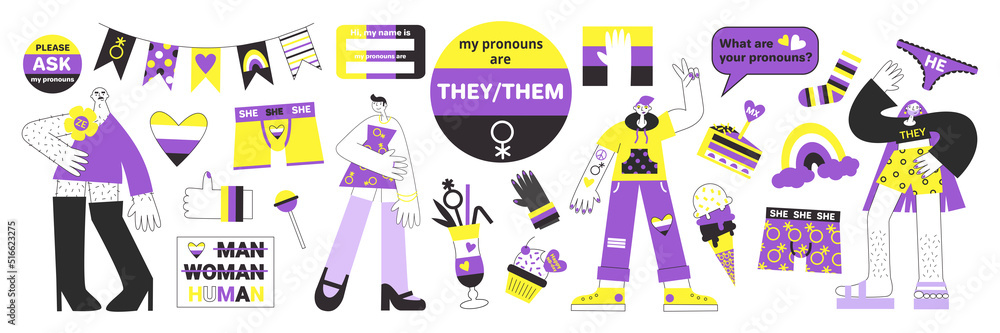 Nonbinary symbols, flags and people vector illustration set ...