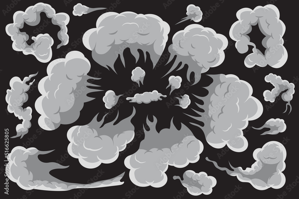 Set of cartoon smoke clouds. Comic smoke flows, dust, and smoke ...