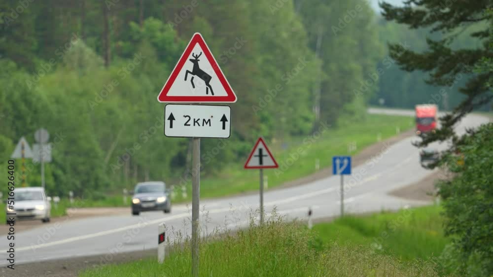 Deer animal ahead road sign - Wild animals Traffic animated sign vídeo ...