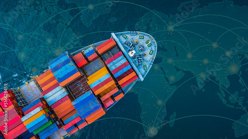 Aerial view container ship with world map digital network, Global ...