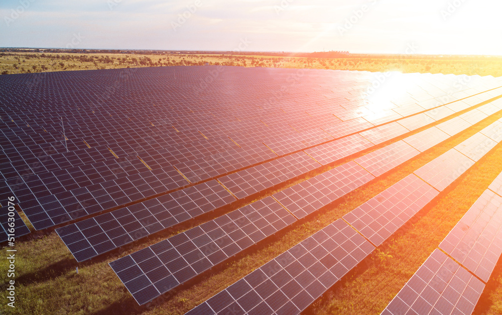 Aerial top view of a solar panels power plant. Photovoltaic solar ...