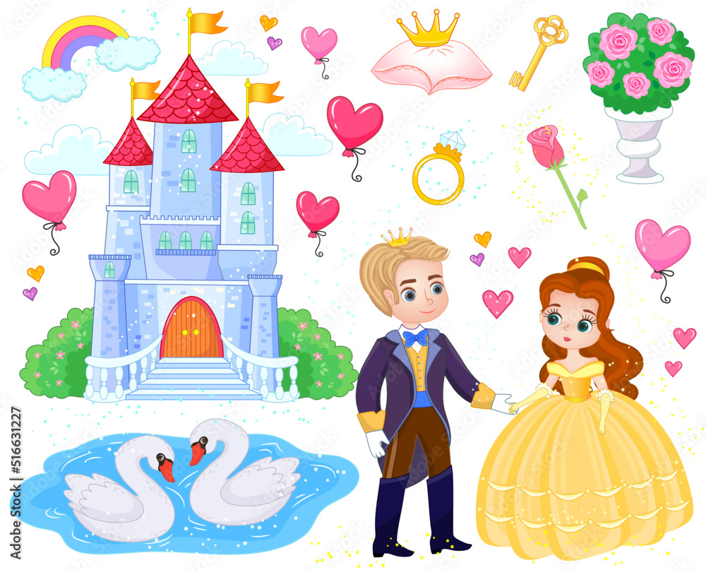 Set of fairy tale items and characters in cartoon style. Prince and ...