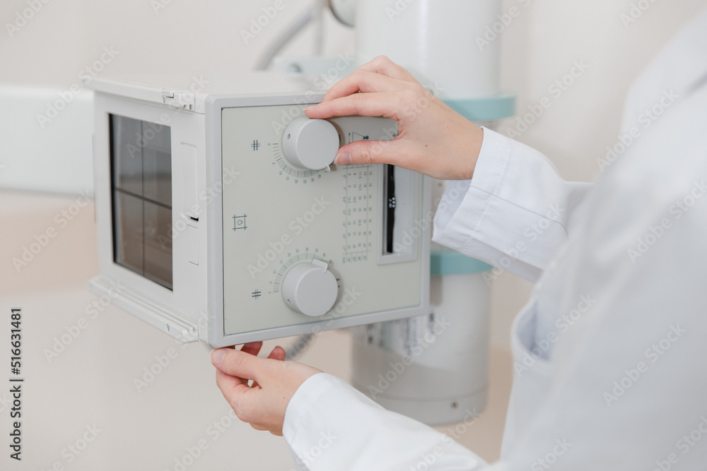 Hospital Radiology Room. Xray machine for fluorography. Doctor ...