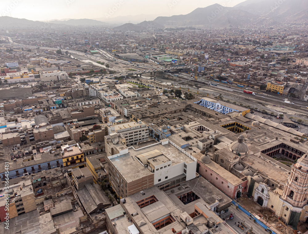 General aerial view of the center of Lima to the Rimac, from a drone in ...