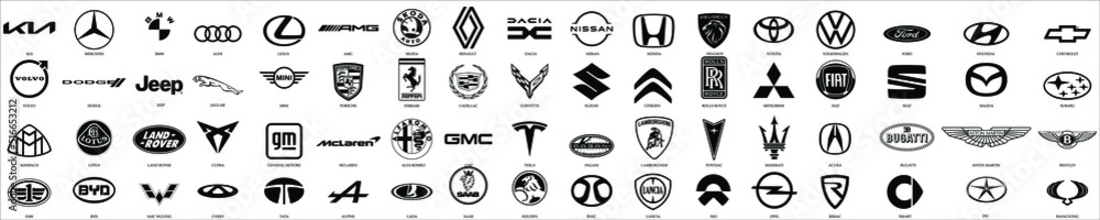 Set of popular logos of cars brands: Aston Martin, Rolls Royce, Porsche ...