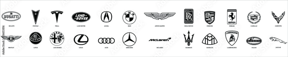 Set of popular logos of cars brands: Lamborghini, Cadillac, Corvette ...
