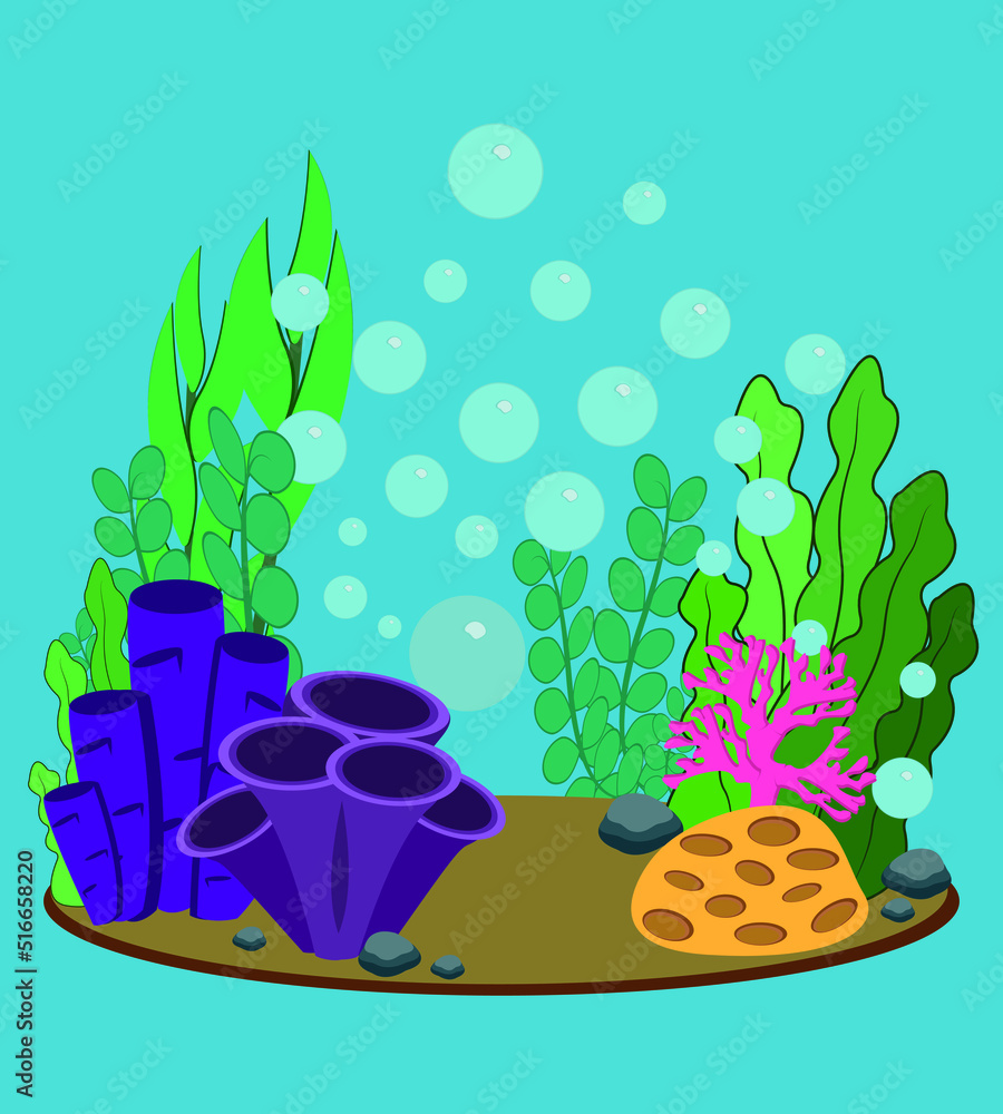 Vector ocean world. Exotic seascapes with seaweeds. Colorful background ...