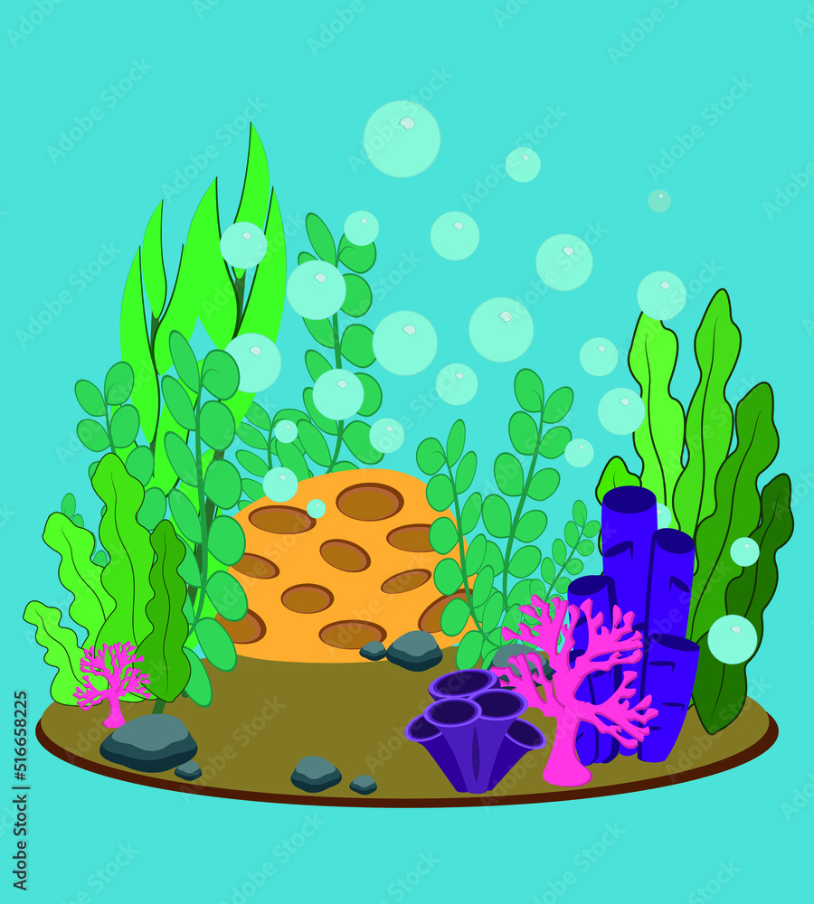 Vector ocean world. Exotic seascapes with seaweeds. Colorful background ...
