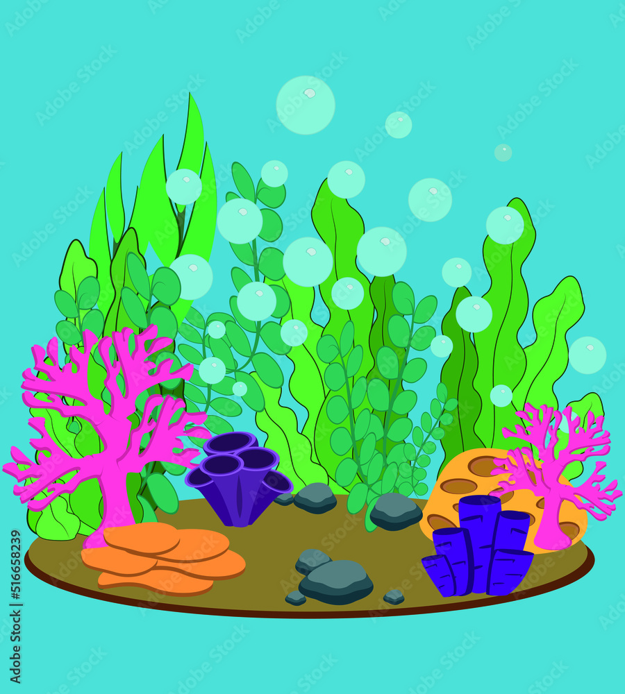 Vector ocean world. Exotic seascapes with seaweeds. Colorful background ...