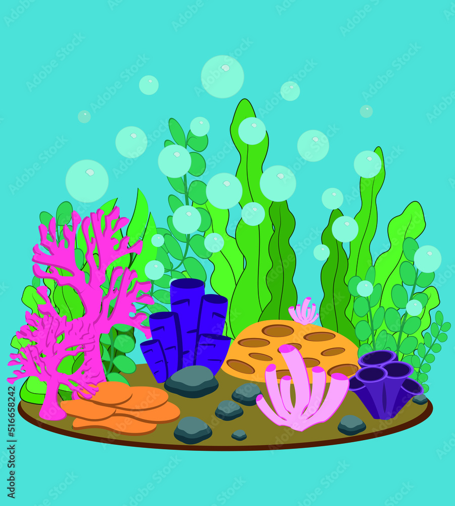 Vector ocean world. Exotic seascapes with seaweeds. Colorful background ...