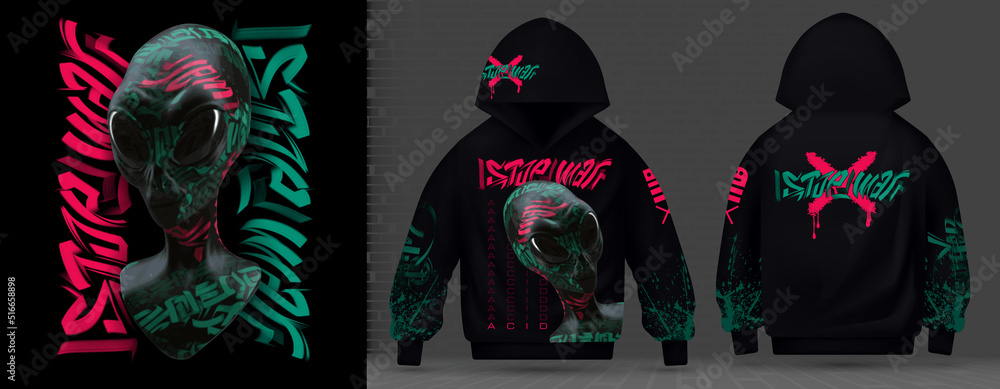 Modern collection of techno acid fan ufo prints, stop war, rave music ...