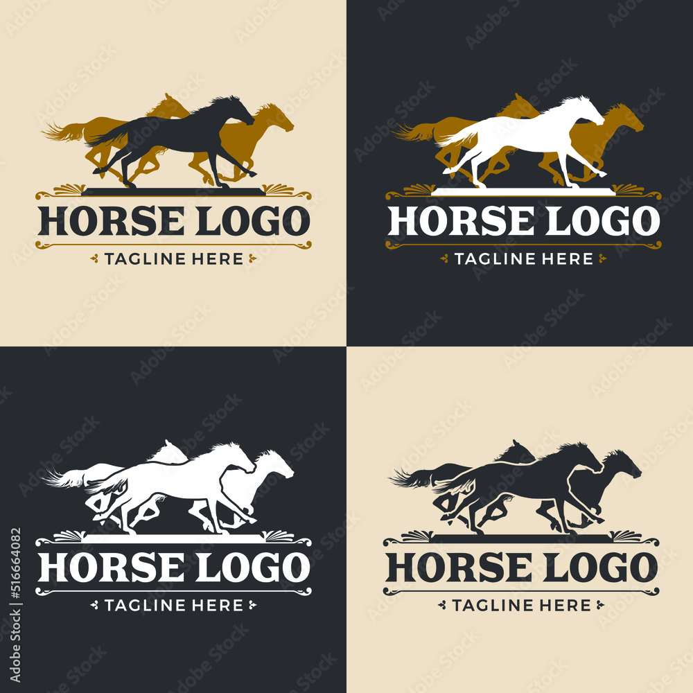 A horse logo with western design elements and a silhouette of a horse ...