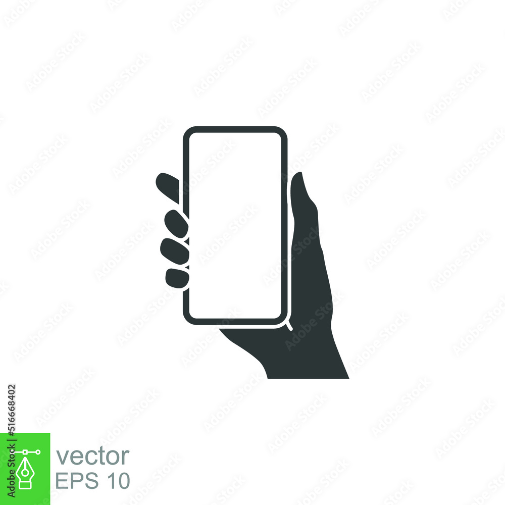 Hand holding phone icon. Simple solid style. Smartphone, cellphone ...