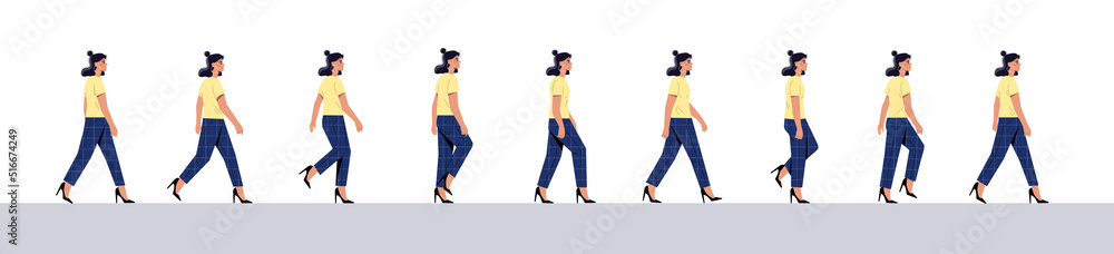 Walk cycle sequence concept. Young woman in stylish clothes walks ...