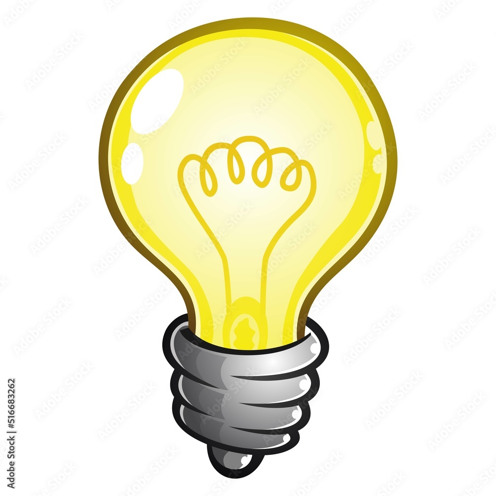 A bright illuminating yellow light bulb cartoon vector illustration ...