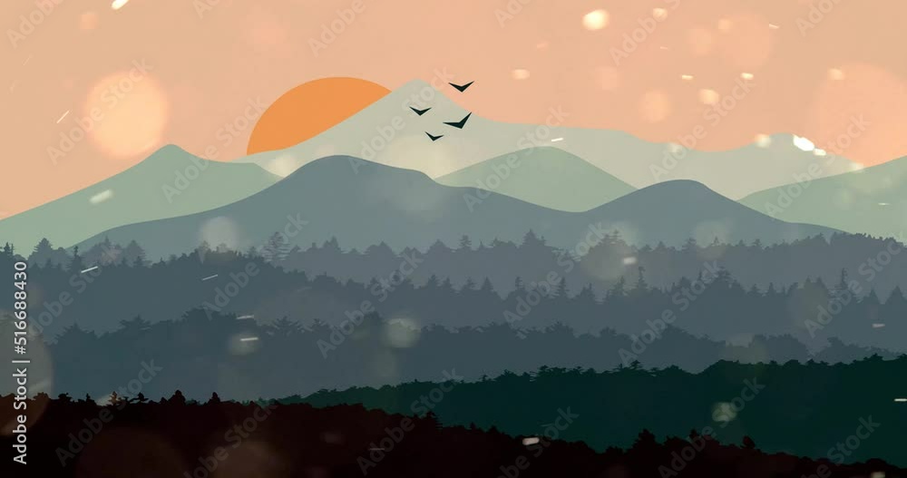 animation of mountains and the sun behind the mountain with the wind ...