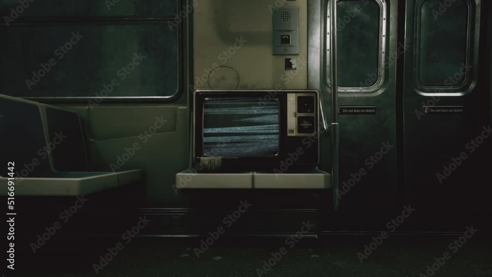 Metro Train Interior with an Old Television Set Turning On Blue Screen ...